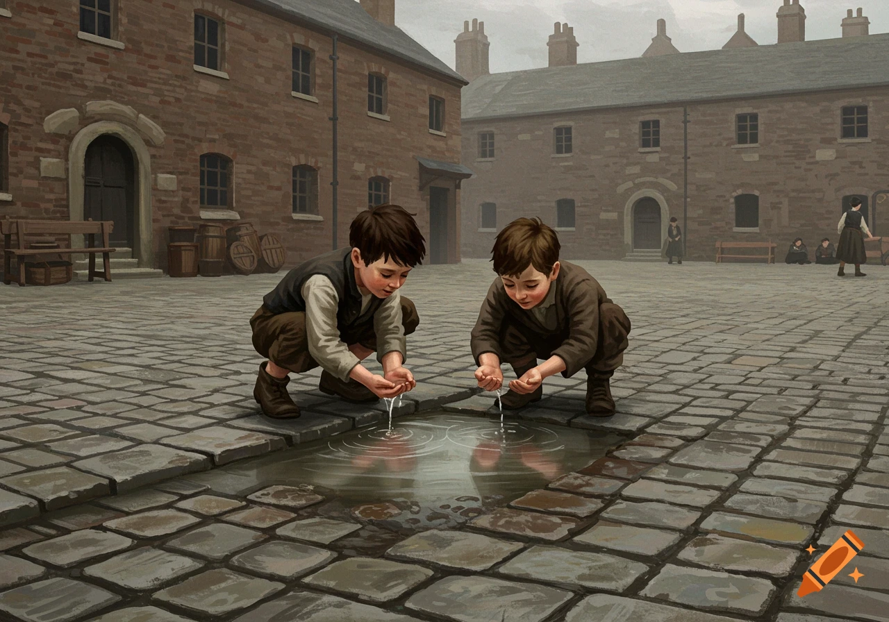Two boys playing in a puddle in a cobblestone courtyard with brick ...