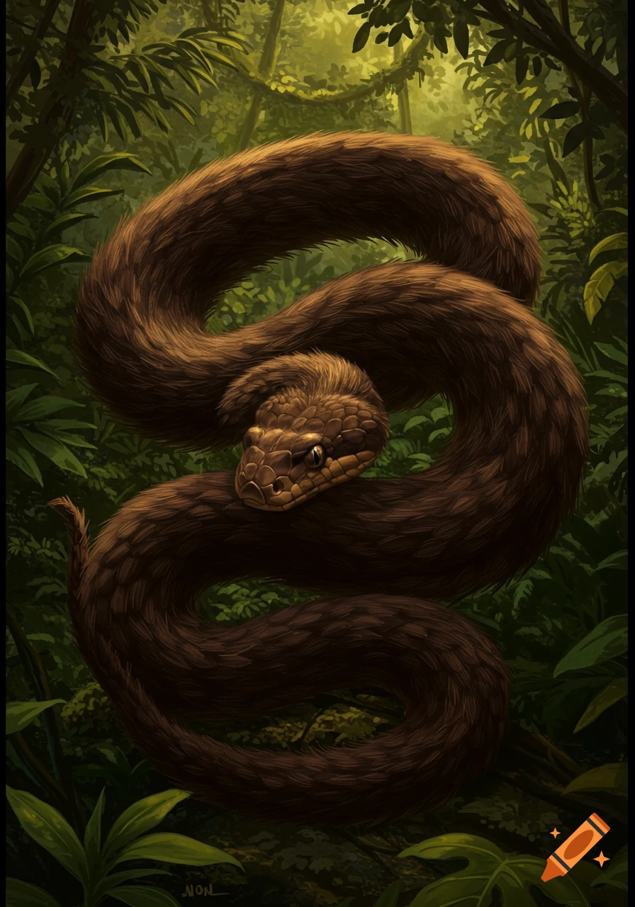 A large, furry brown snake coiled vertically in a dense jungle ...