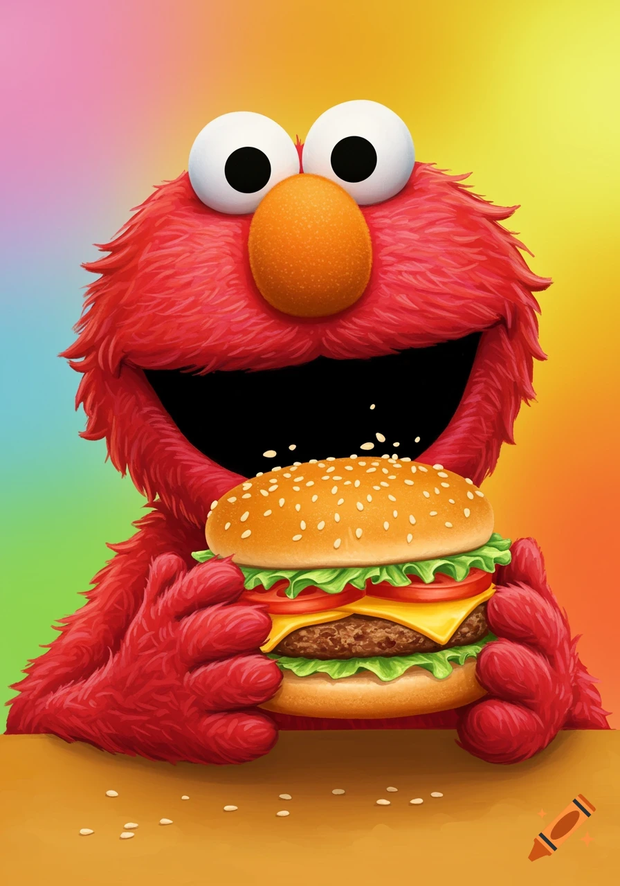 Close-up of Elmo smiling while holding and eating a hamburger. on Craiyon