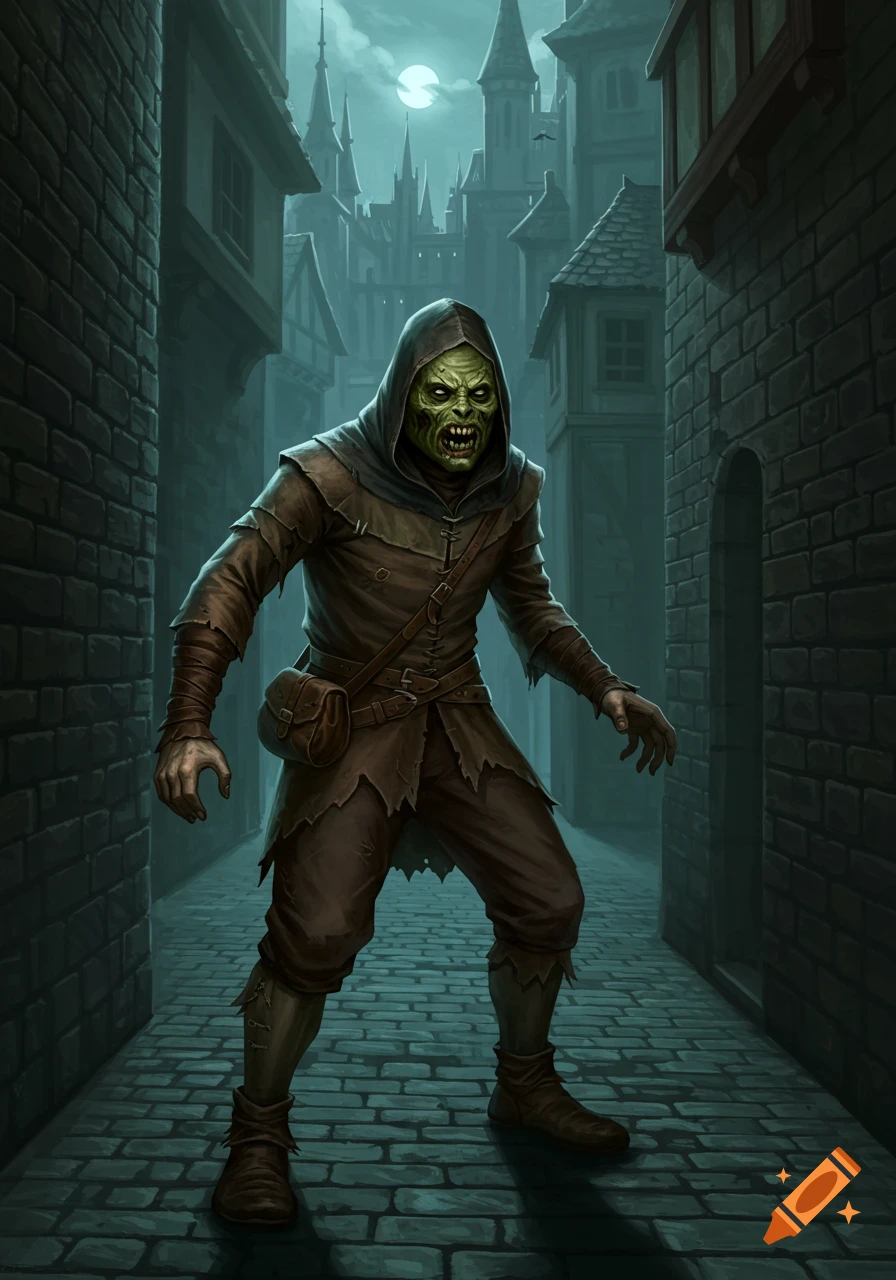 A hooded, green-skinned figure in tattered clothes stands in a dark ...