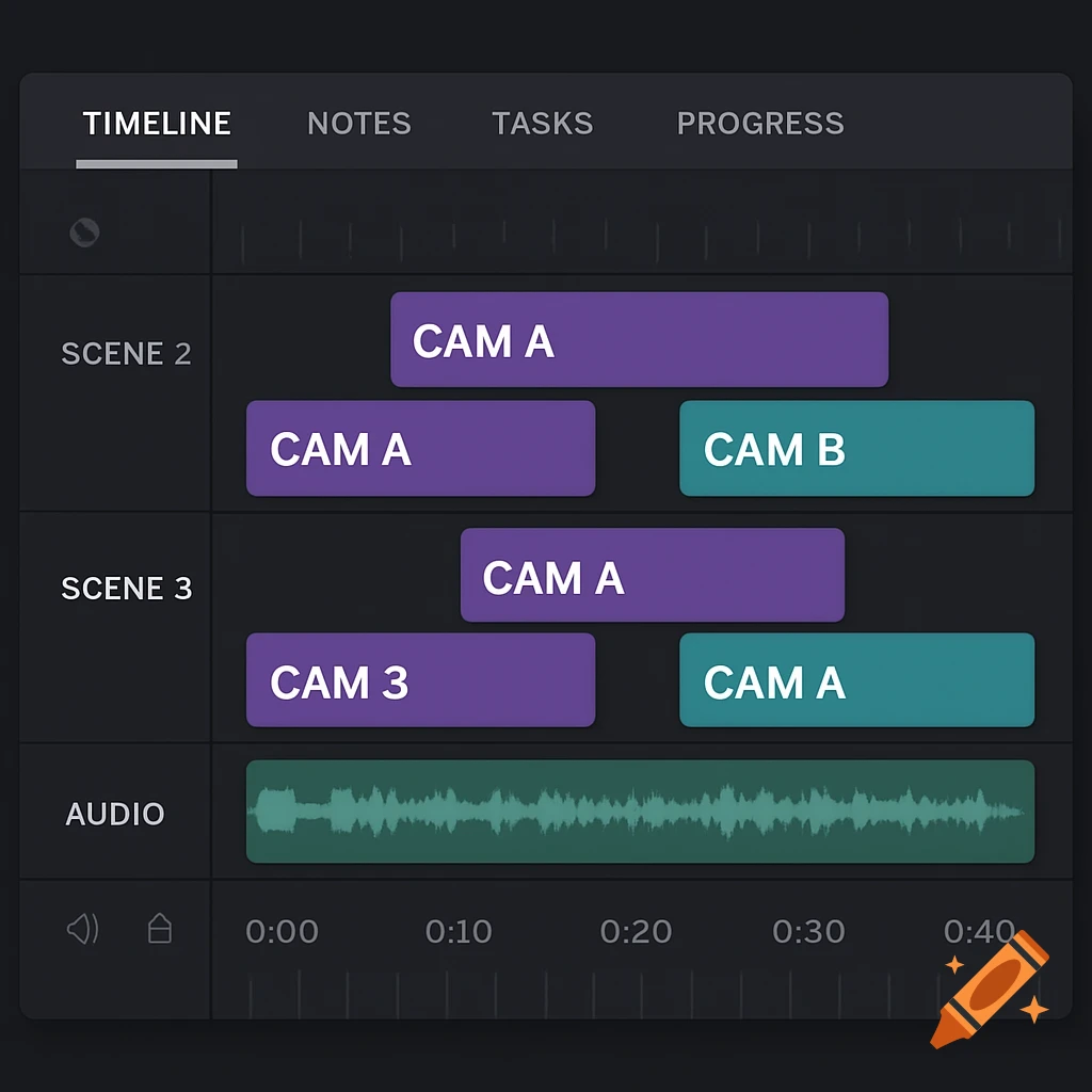 Screenshot of a dark timeline interface showing tracks for scenes and ...