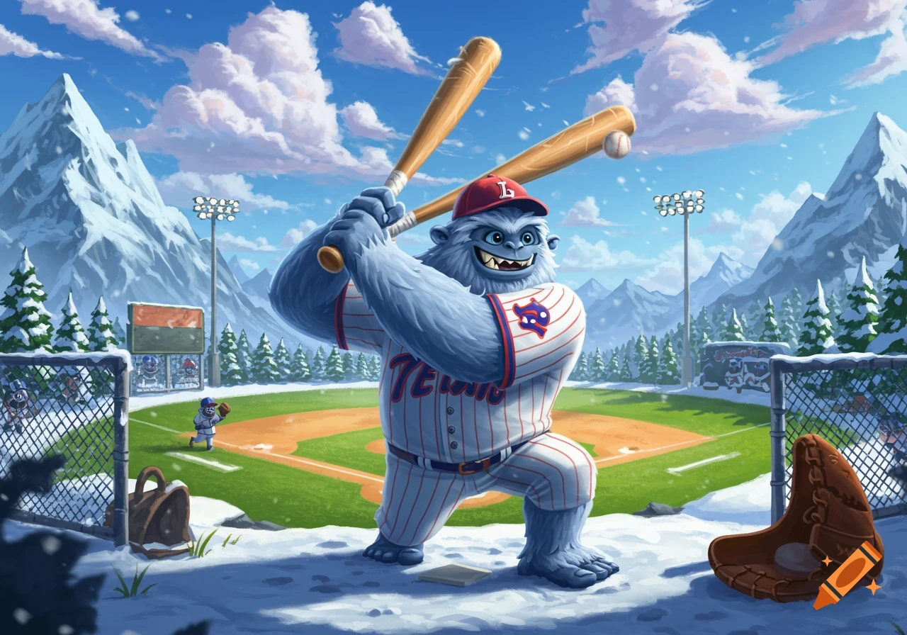Cartoon yeti swings baseball bat in snowy mountain stadium. on Craiyon