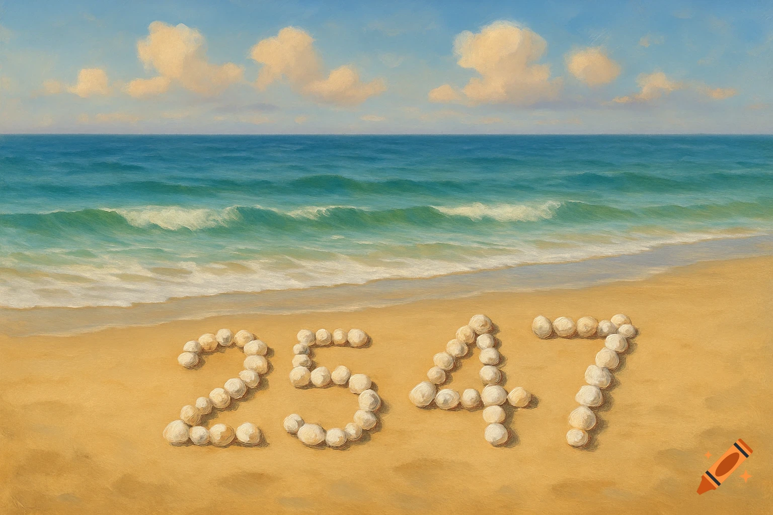 The numbers 2547 made of seashells on a beach with the ocean and sky ...