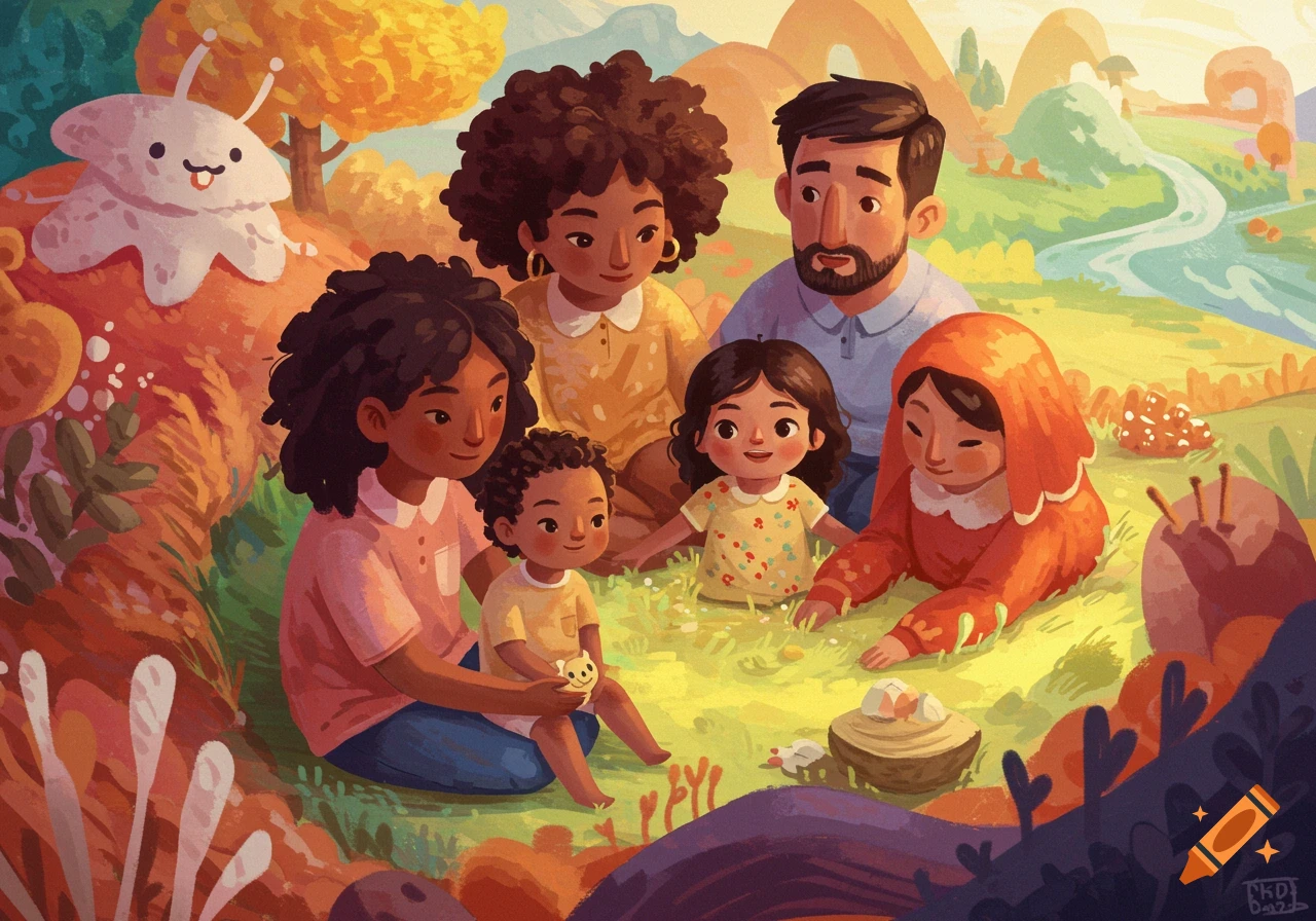 Illustration of a family with a large, friendly creature sitting in a ...