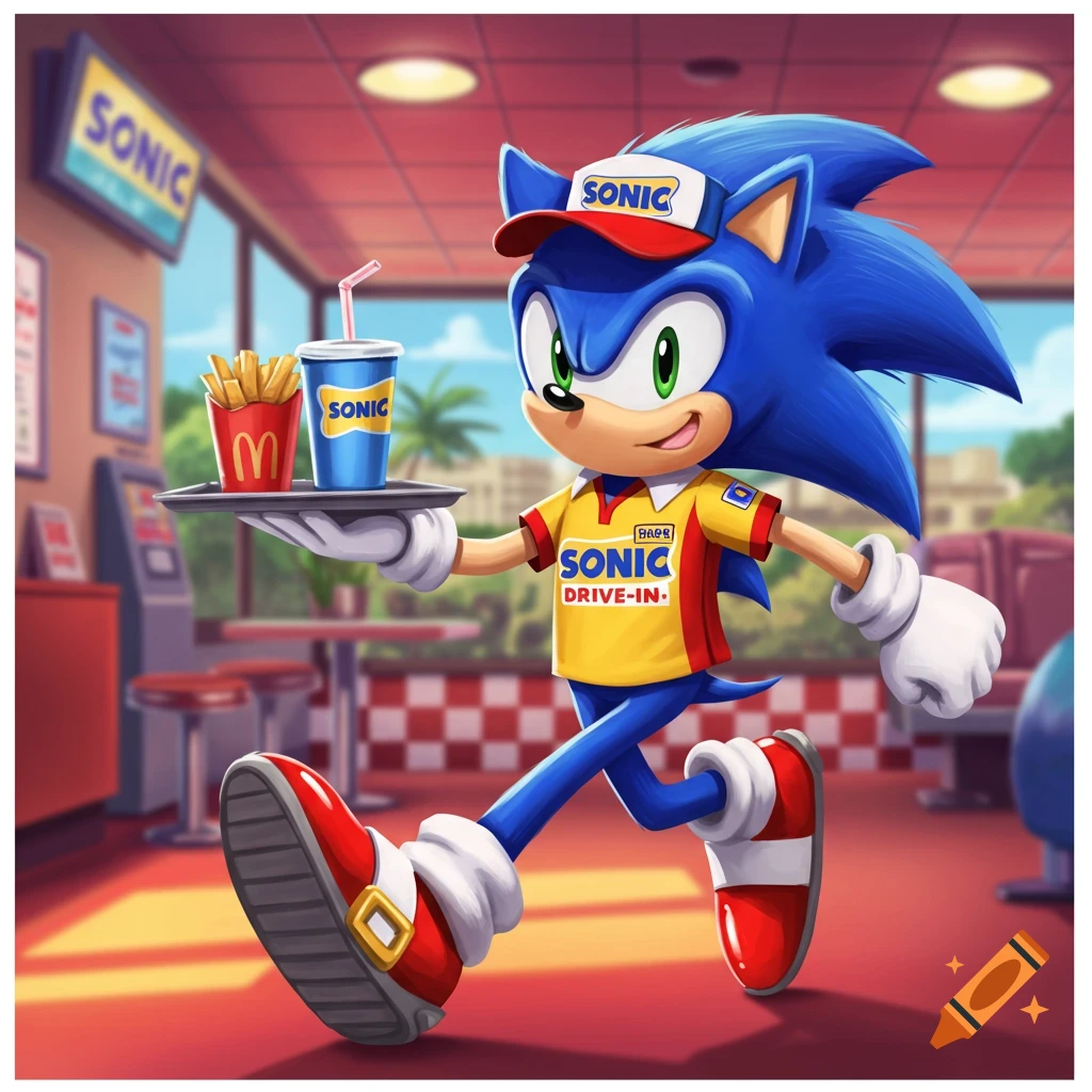 Sonic the Hedgehog in a fast food uniform holds a tray with fries and a ...