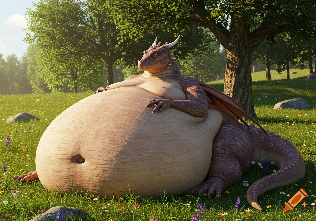 A large, plump dragon rests in a grassy meadow. on Craiyon
