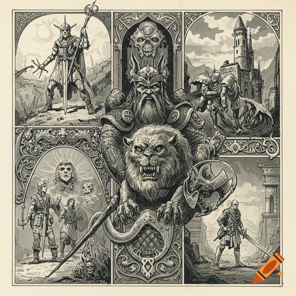 Ink and pen fantasy illustration with panels showing warriors, a large ...