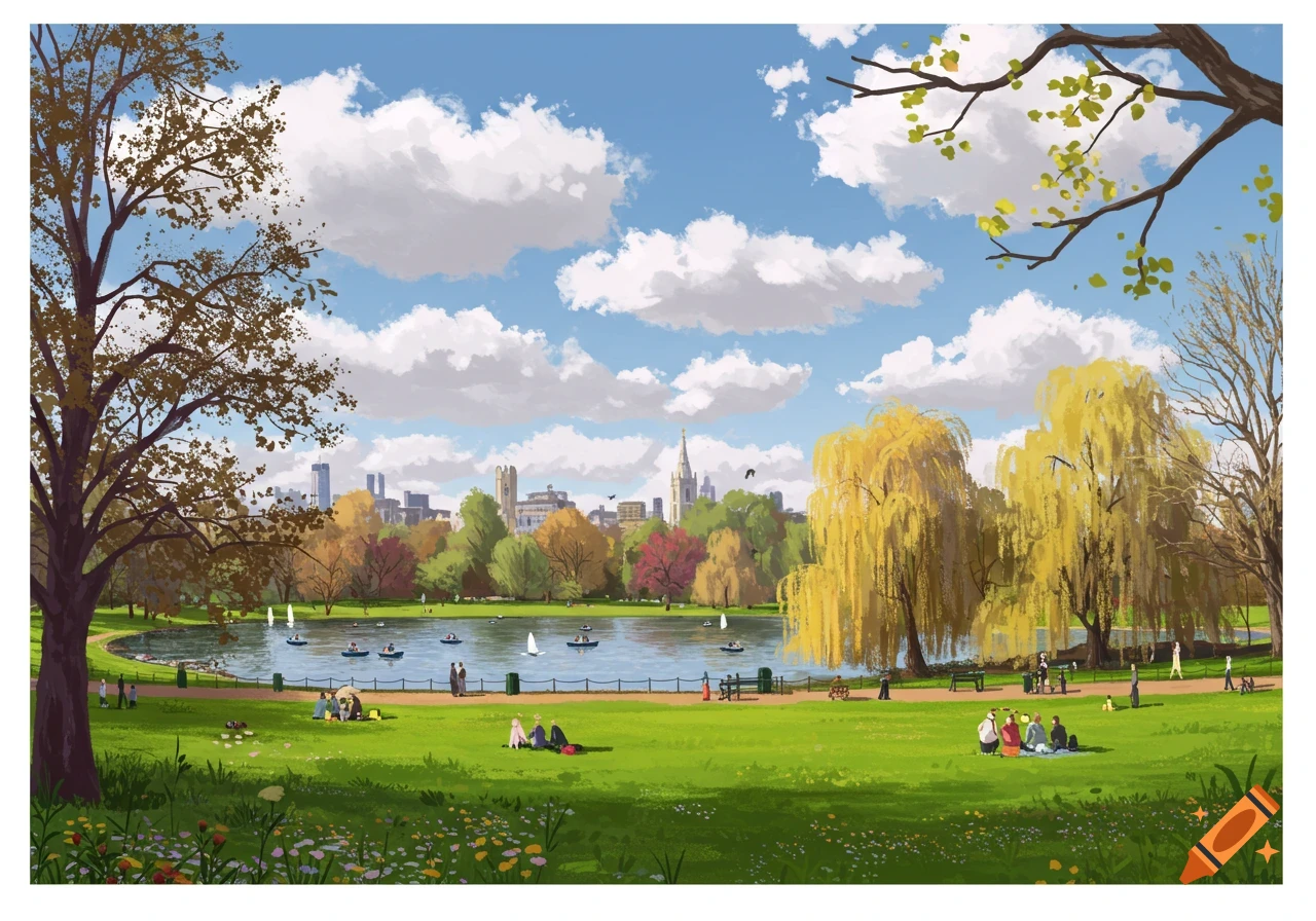 Illustration of a park scene with a lake, trees, people, and buildings ...