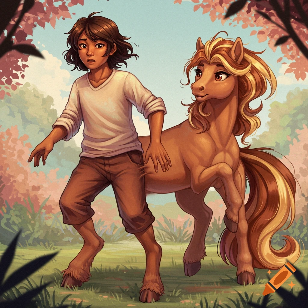 Illustration of a person transforming into a centaur in a forest ...