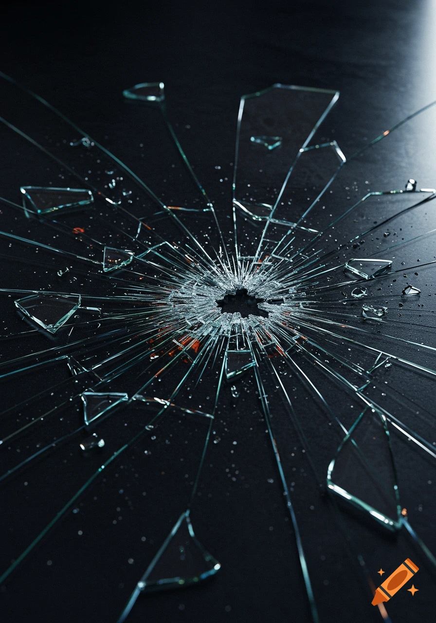 Close-up of shattered glass fragments on a dark surface. on Craiyon