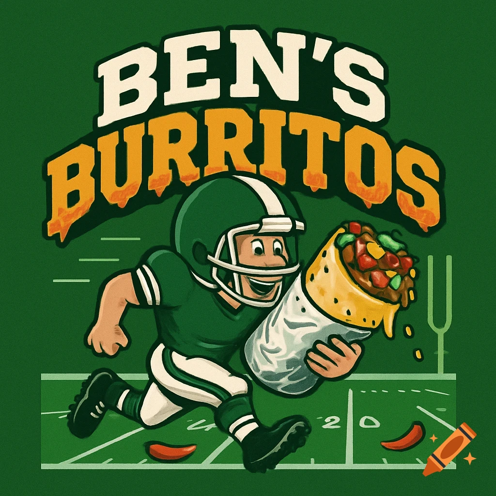 Cartoon football player running with a giant burrito on a field, with ...