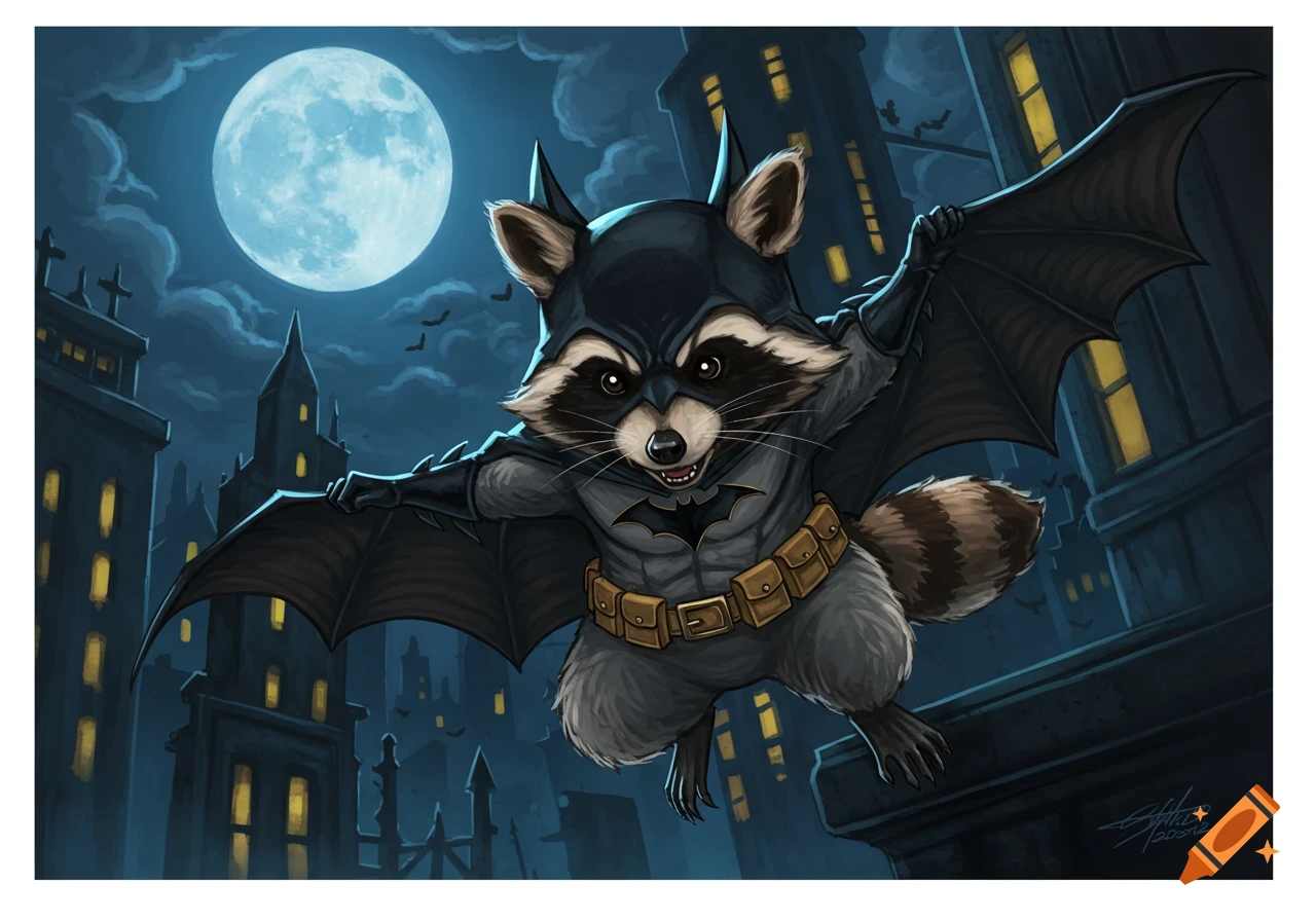 Cartoon raccoon dressed as Batman flies through a stylized city at ...