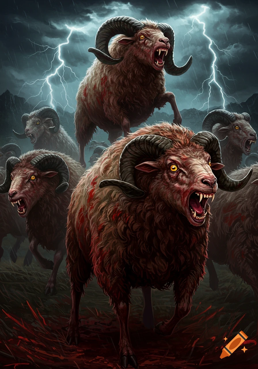 Aggressive sheep with sharp teeth and bloody wool in a stormy field ...