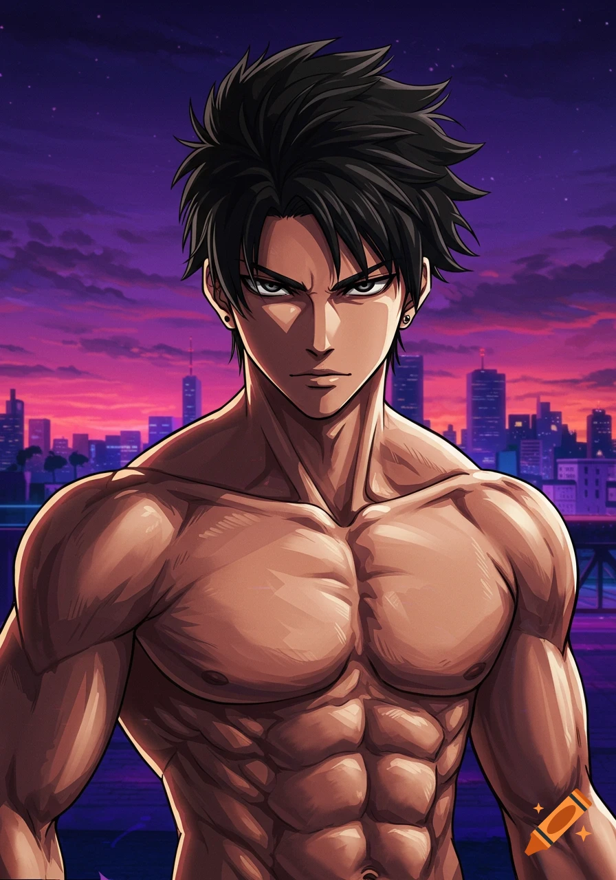 Buff anime man with black hair and silver eyes in front of a city ...