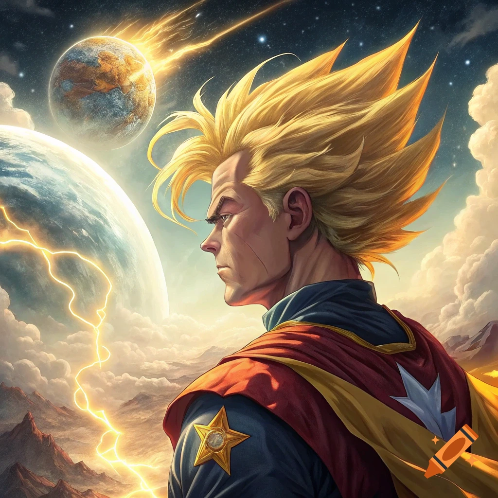 Superhero with blond spiky hair and cape looking at planets and ...