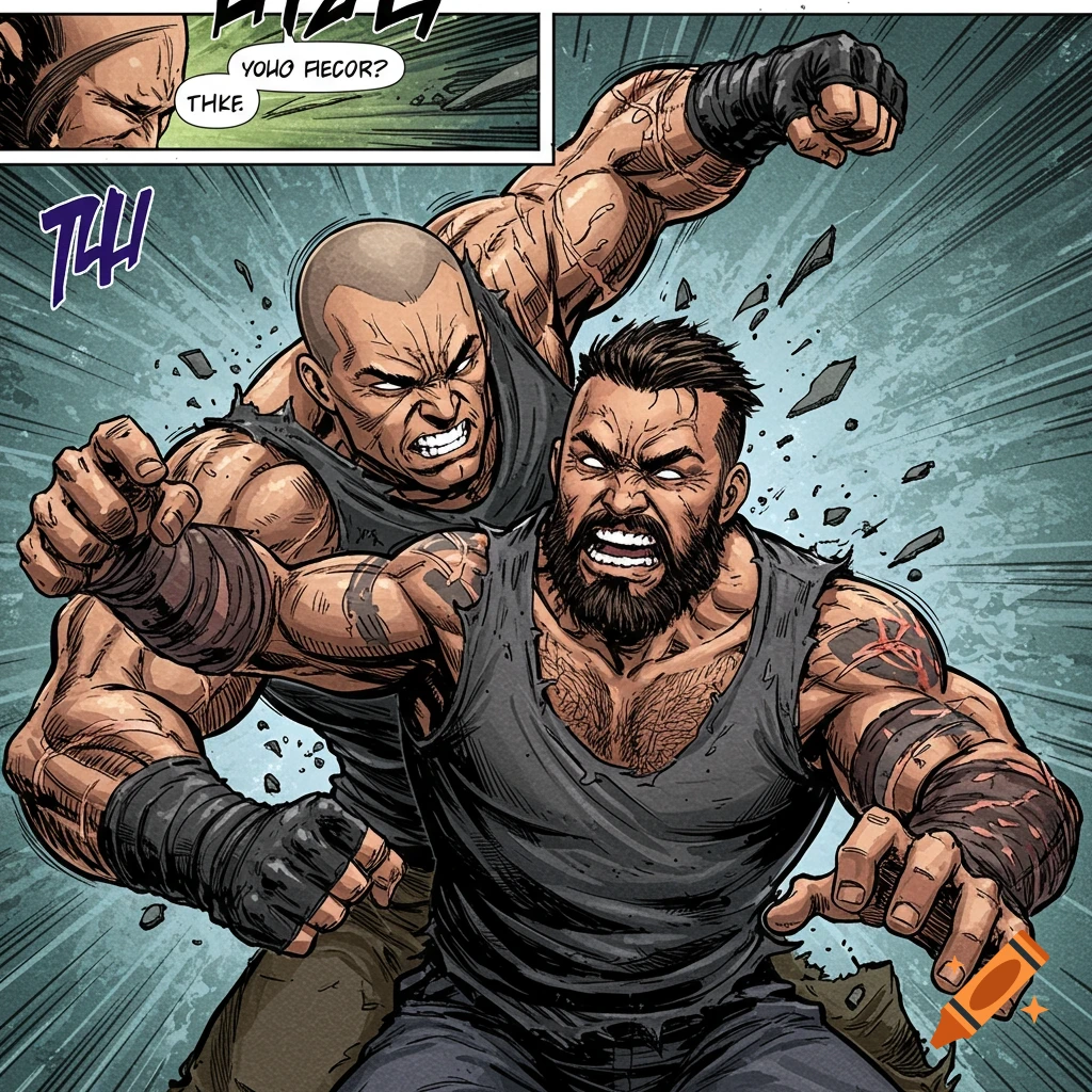 Two muscular men fighting in a comic book panel, with speech bubbles ...