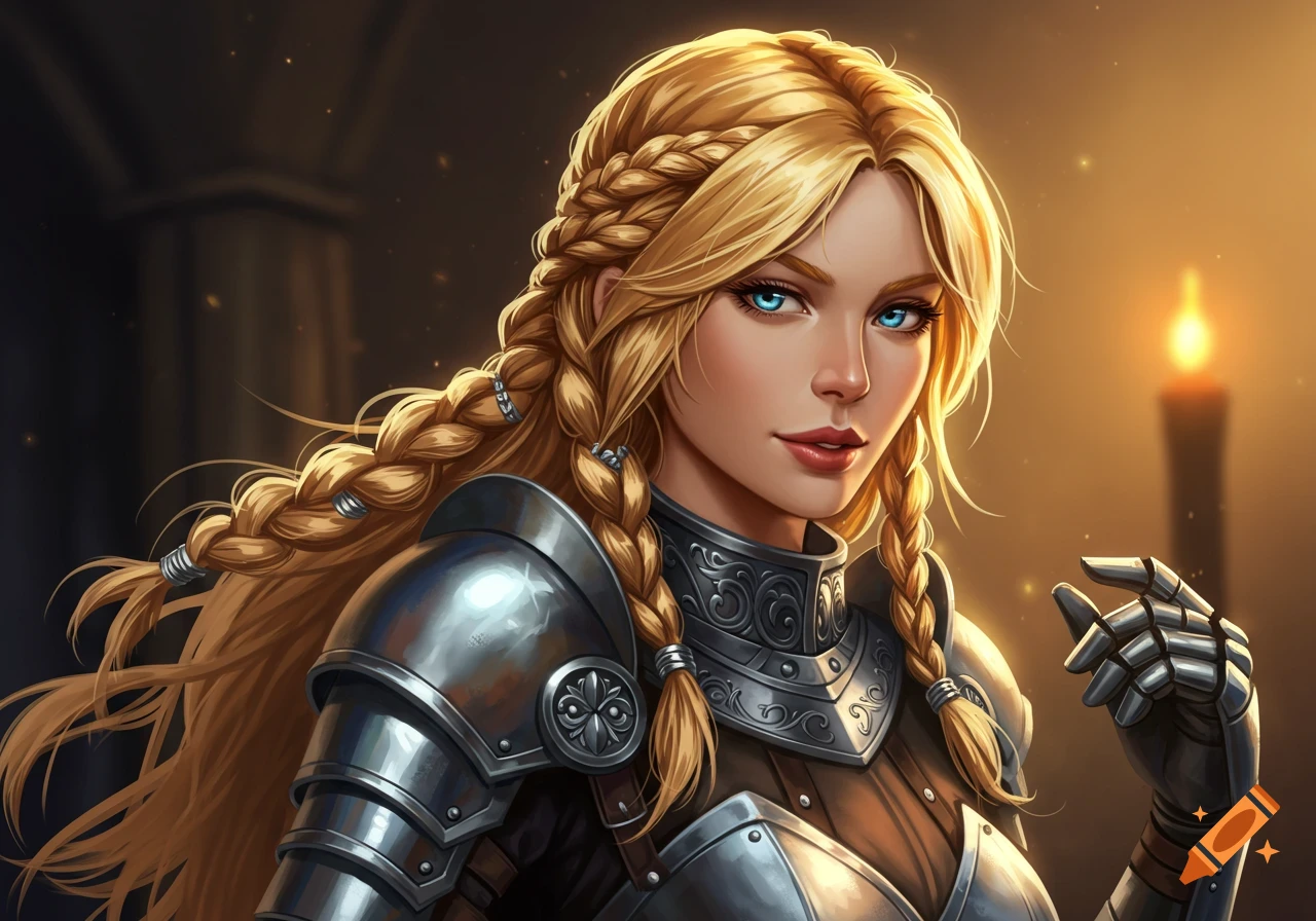 Portrait of a blonde woman with braided hair wearing fantasy armor. on ...