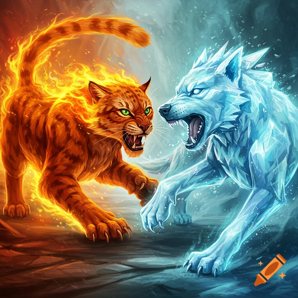A stylized digital illustration of a fiery orange cat facing off ...