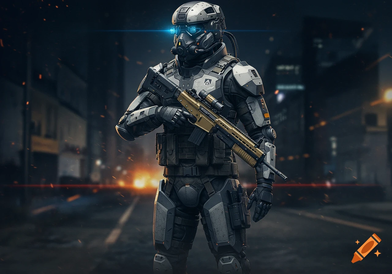 Futuristic soldier in armored exosuit holds a rifle in urban night ...