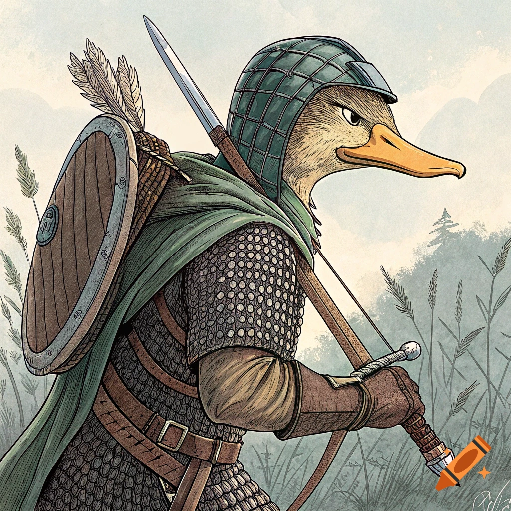 Illustration of a duck person fantasy warrior with sword, bow, and ...