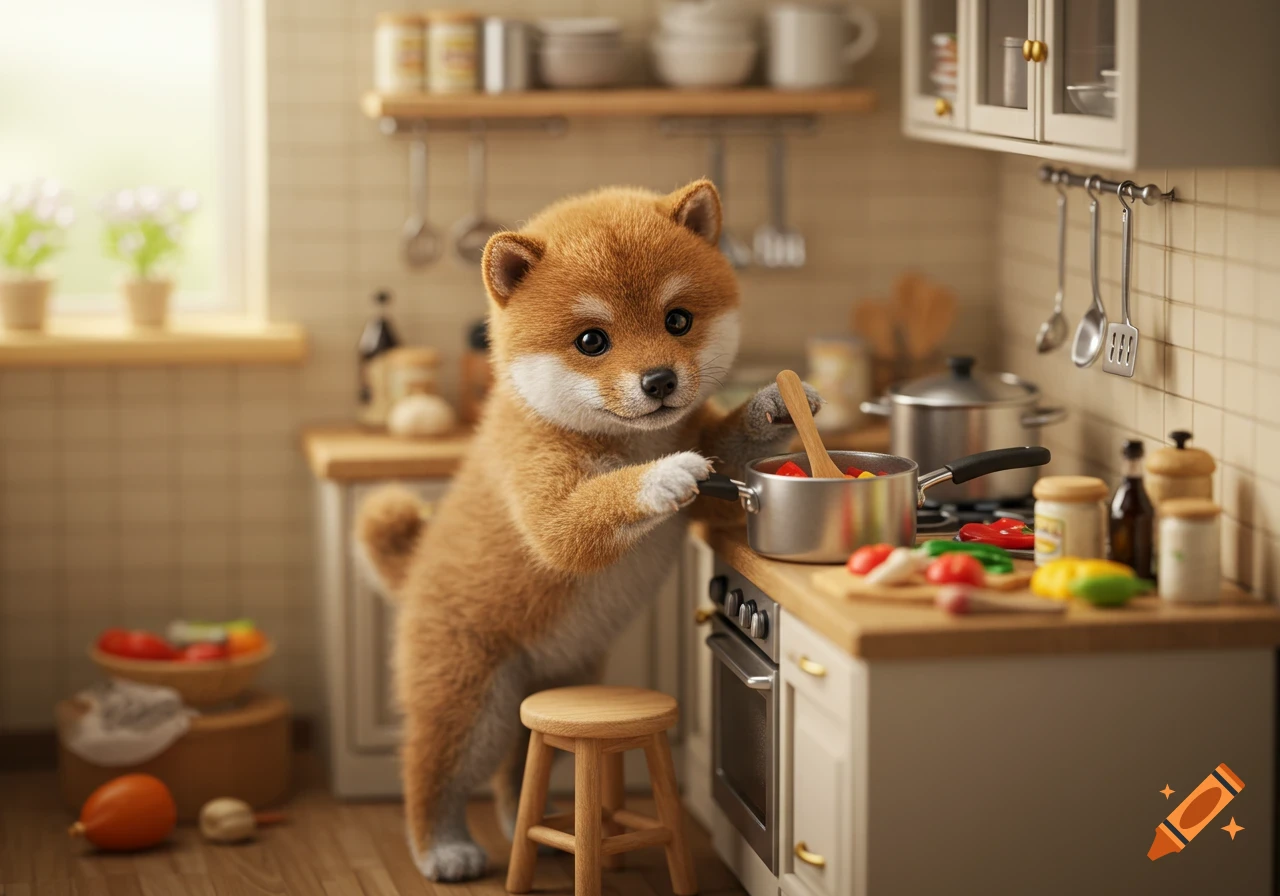 A photorealistic image of a cute Shiba Inu puppy cooking in a kitchen ...