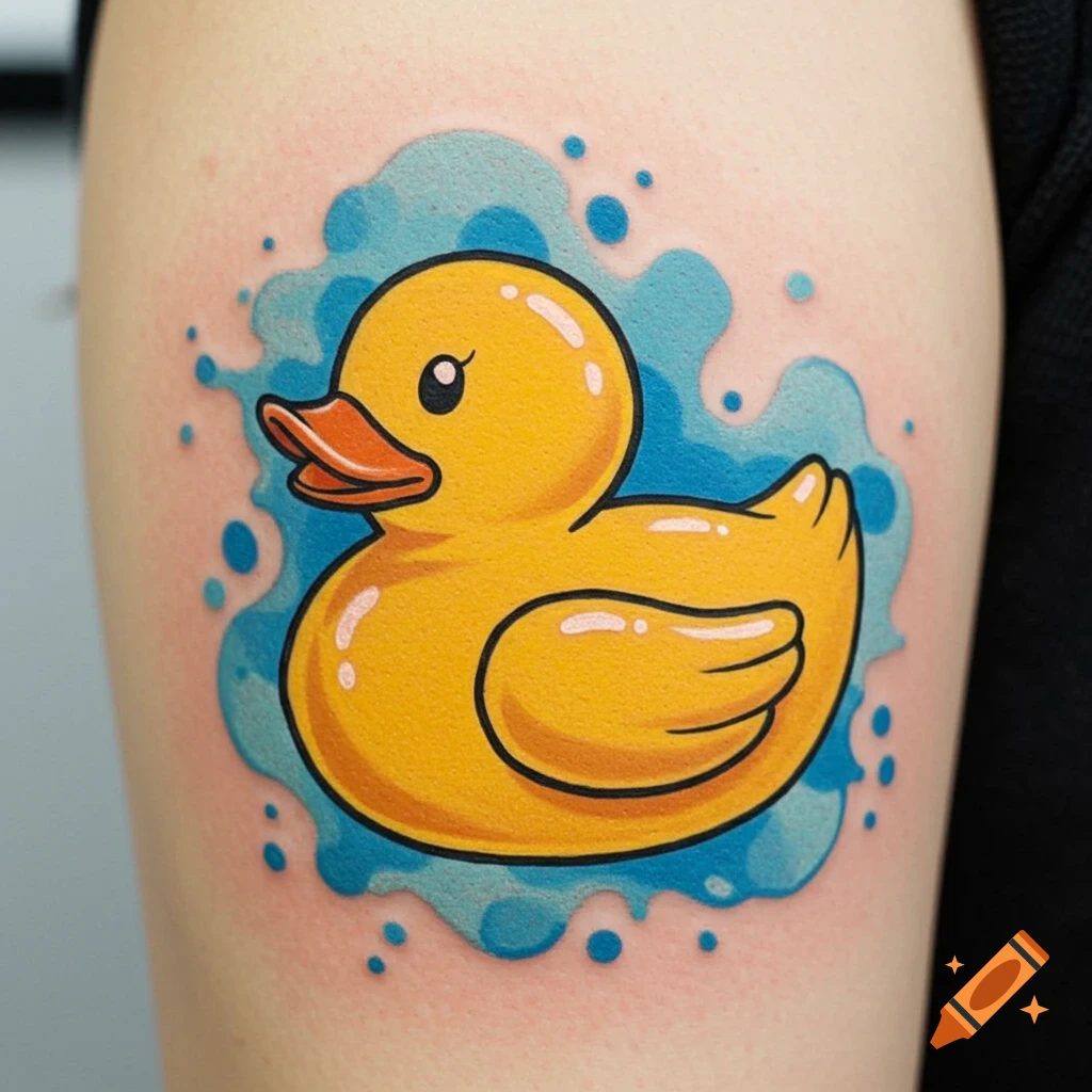 Cartoon tattoo of a yellow rubber duck with a blue watercolor splash on ...