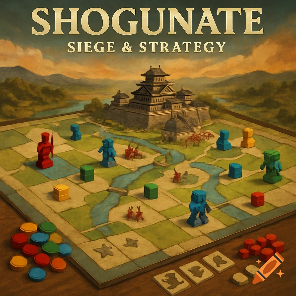 Shogunate Siege & Strategy board game setup with a castle, river, and ...