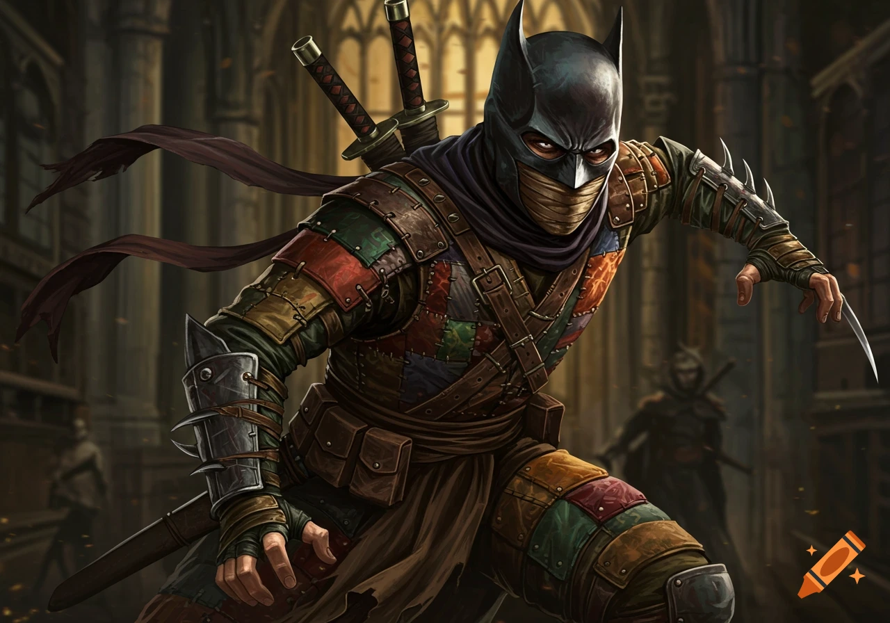 A ninja in medieval patchwork armor with a Batman cowl and two swords ...