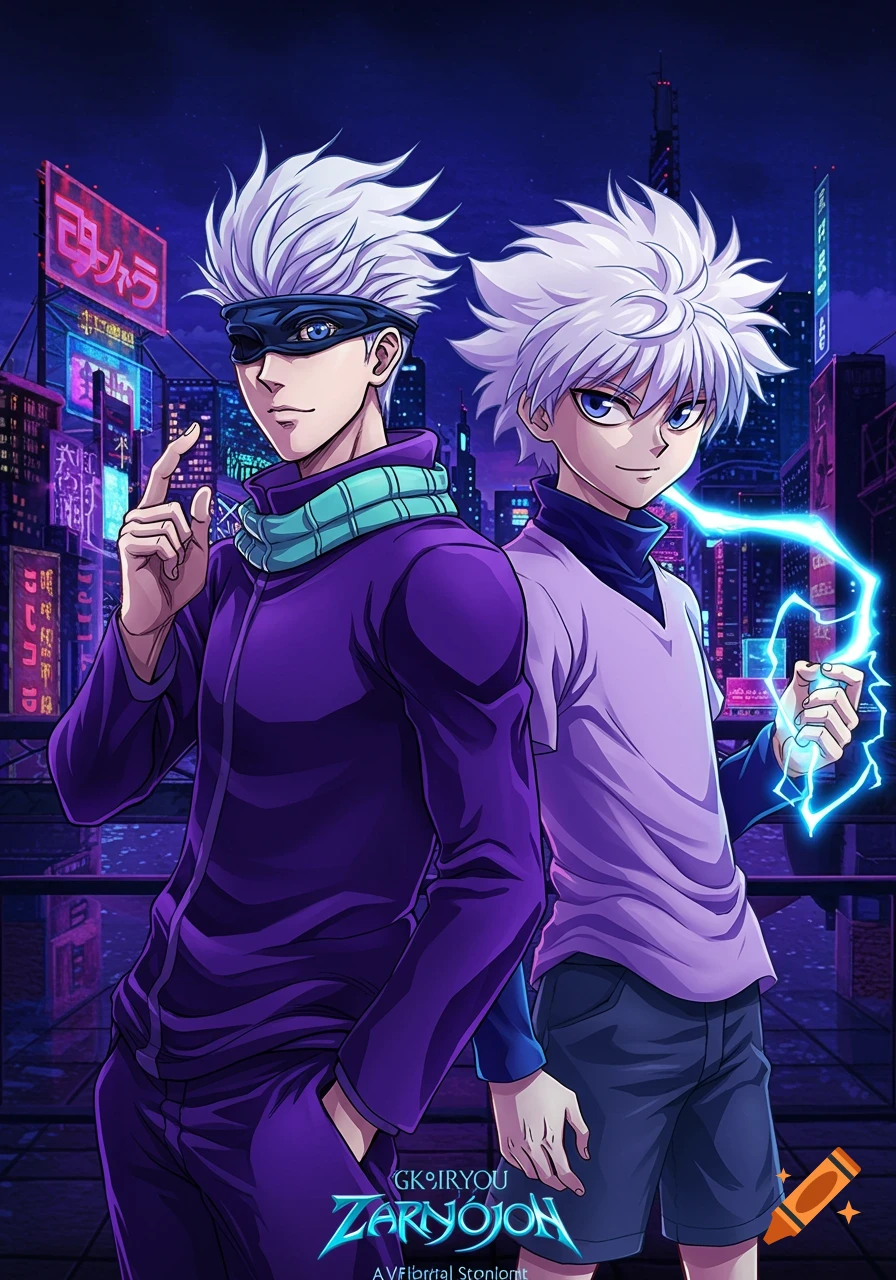 Anime art of Gojo and Killua in a neon city at night. on Craiyon