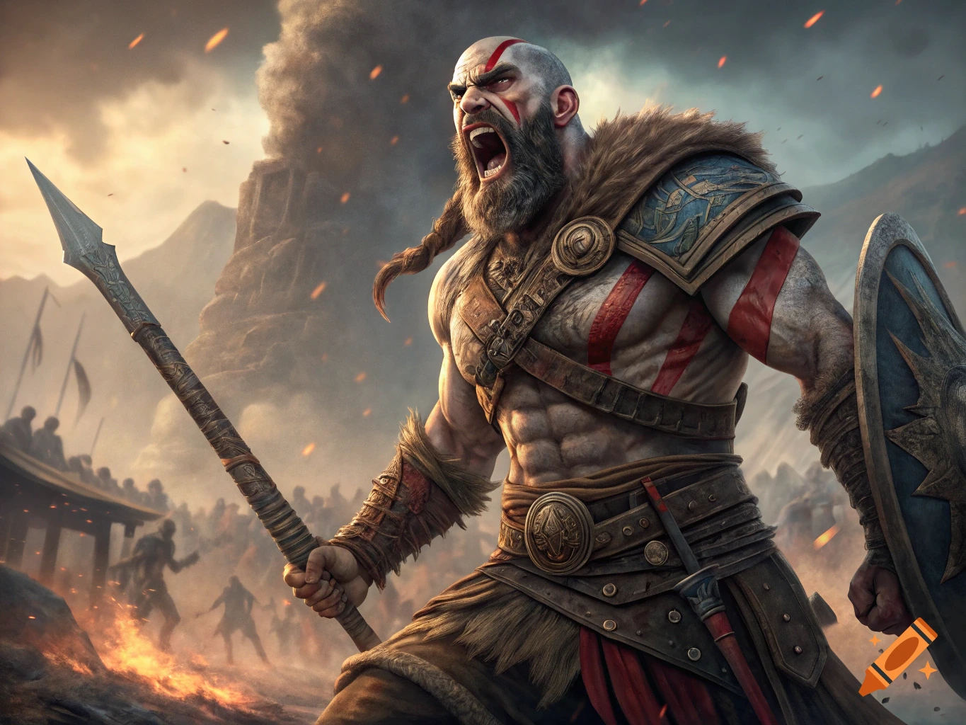 Powerful warrior with red war paint, spear, and shield in a fiery ...