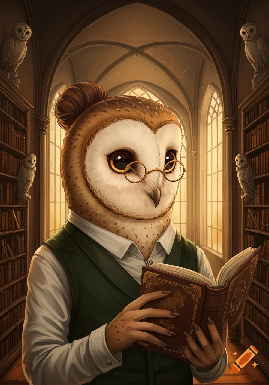 A humanoid barn owl librarian wearing glasses reads a book in a grand ...
