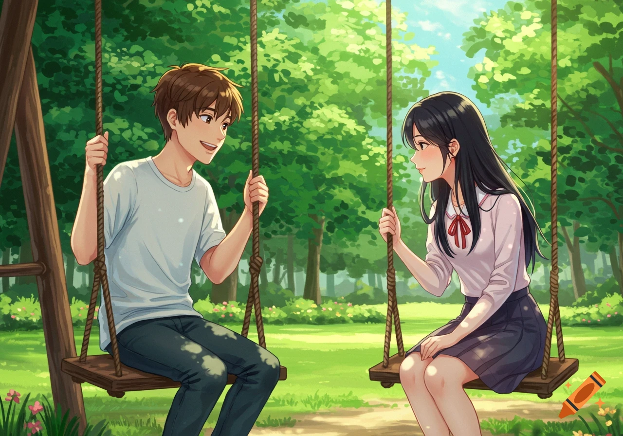 Anime illustration of a young man and woman on swings in a park ...