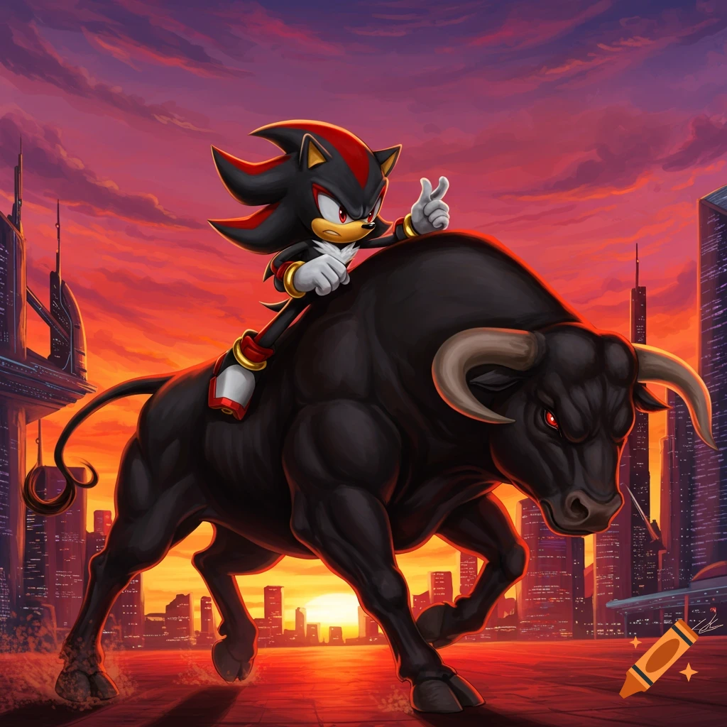 Shadow the Hedgehog rides a powerful black bull through a futuristic ...