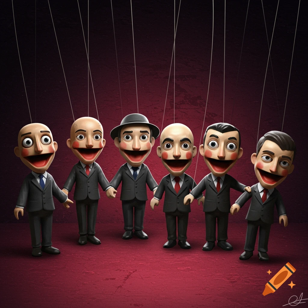Several stylized puppet men in suits hang from strings against a dark ...