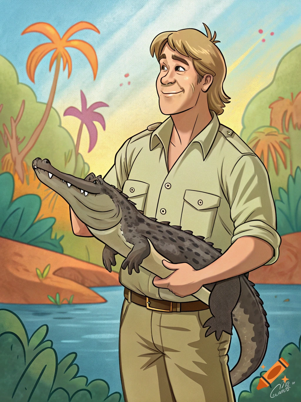 Cartoon man resembling Steve Irwin holds a crocodile in a jungle. on ...