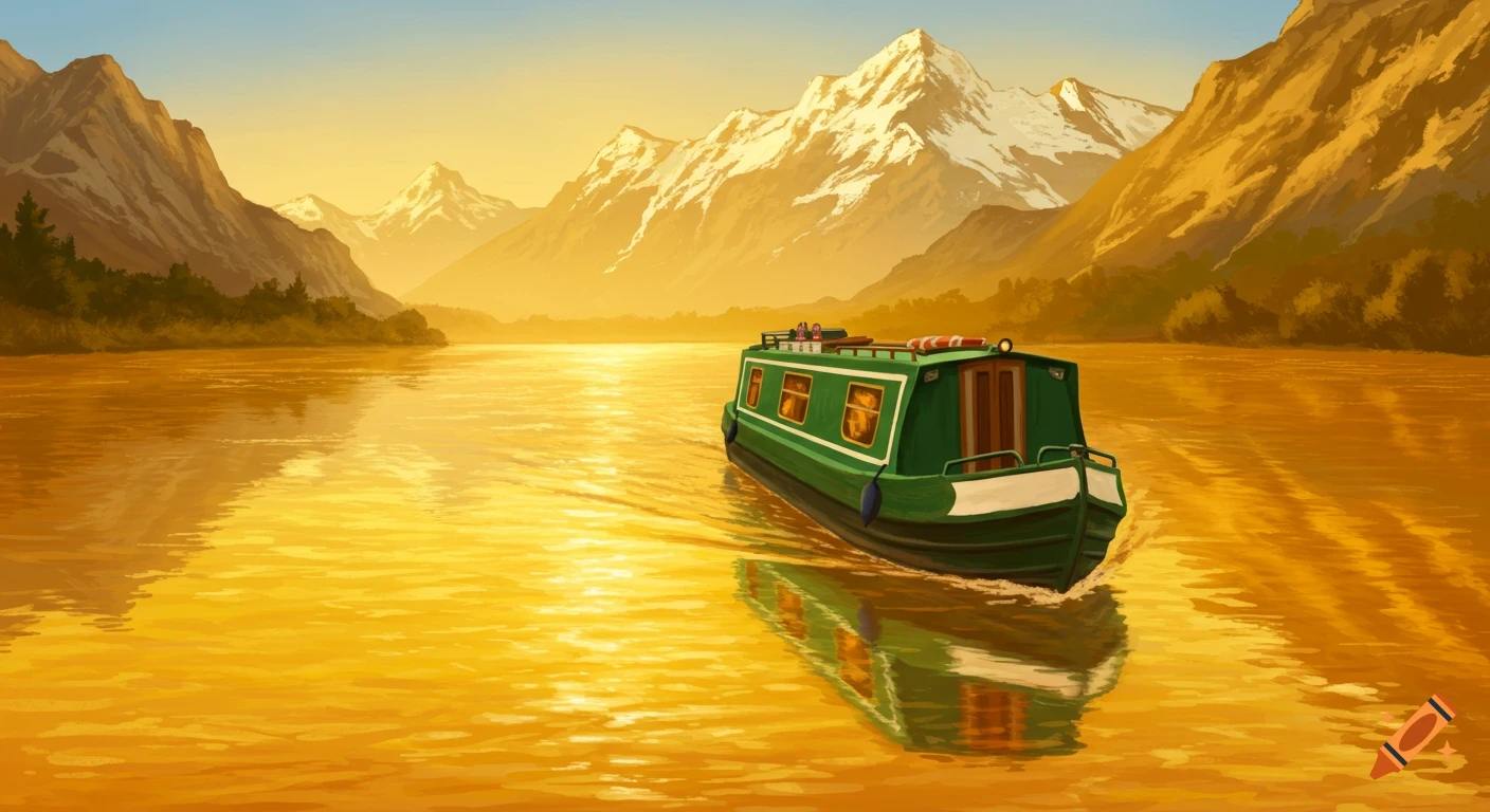 Green narrowboat sailing on a golden river at sunset with mountains in ...