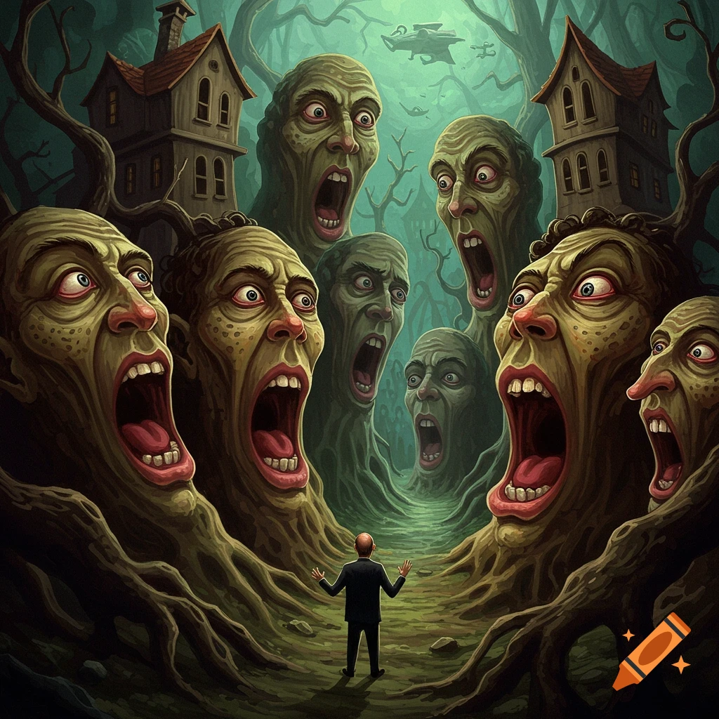 Small person faces giant yelling faces emerging from gnarled roots and ...