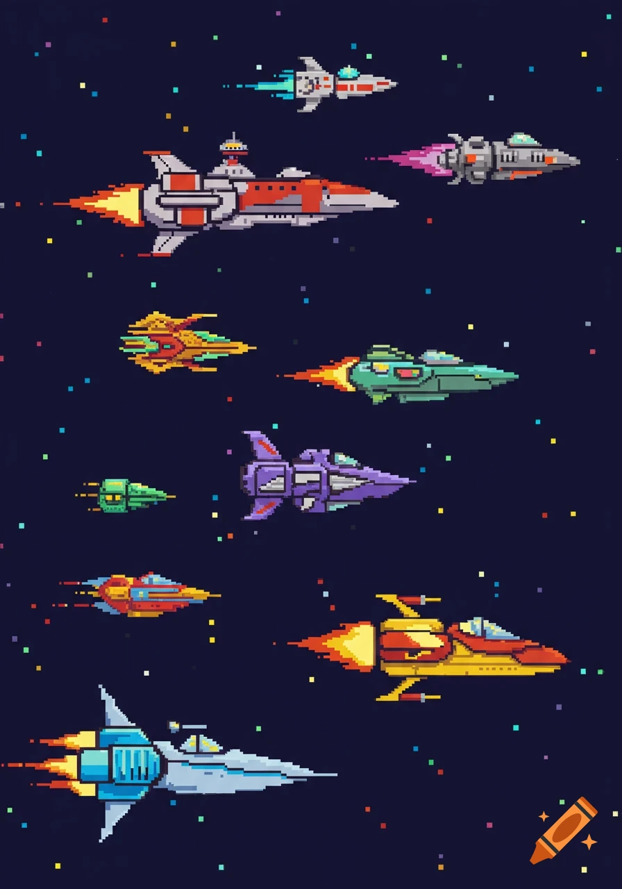 Pixel art image of multiple colorful spaceships flying through space ...