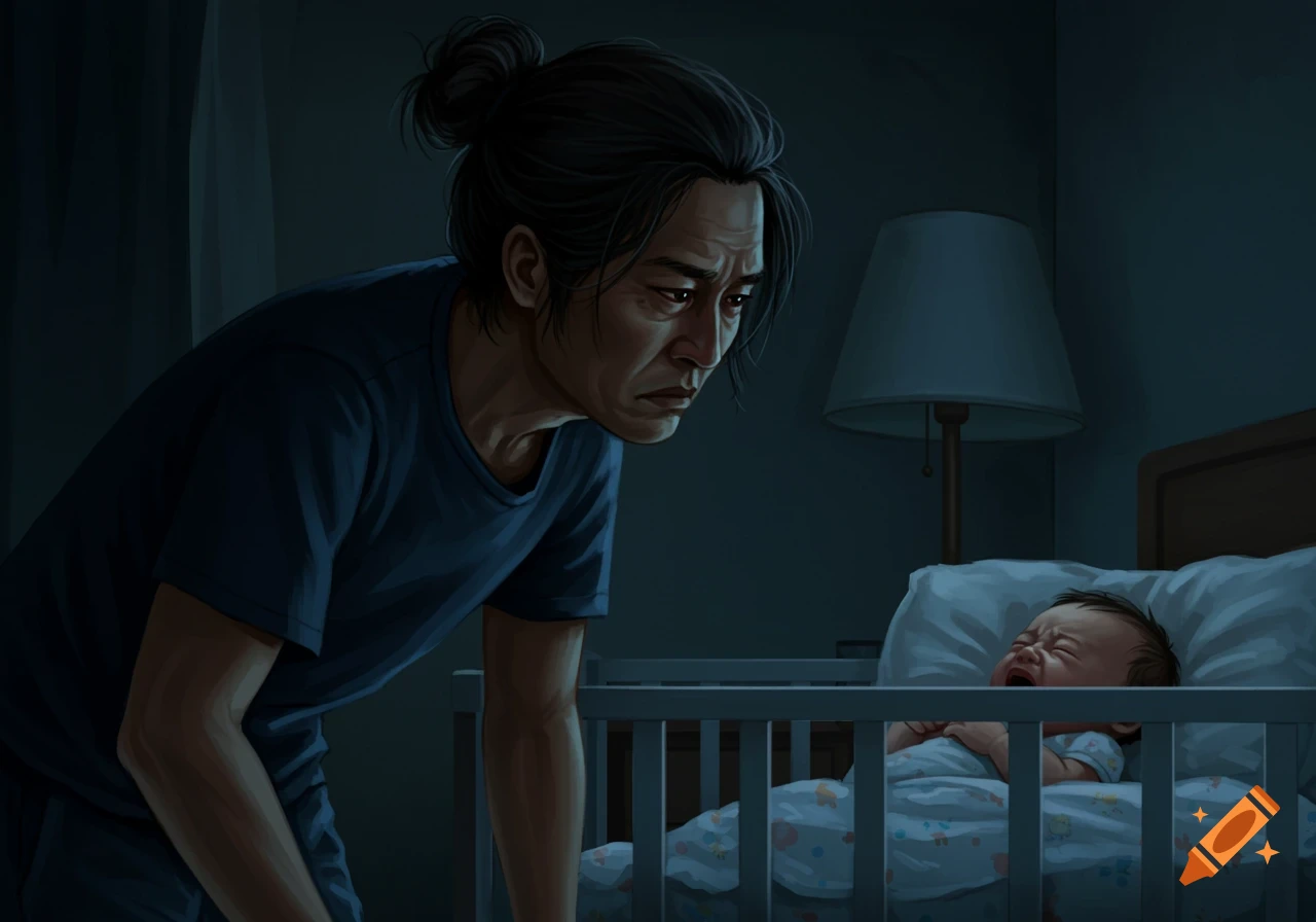 Illustration of a worried father looking down at his crying baby in a ...