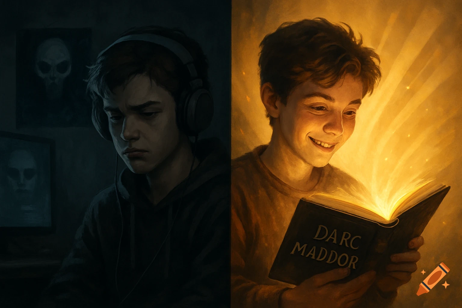Split image of a boy: sad with headphones in a dark room, then smiling brightly reading a ...