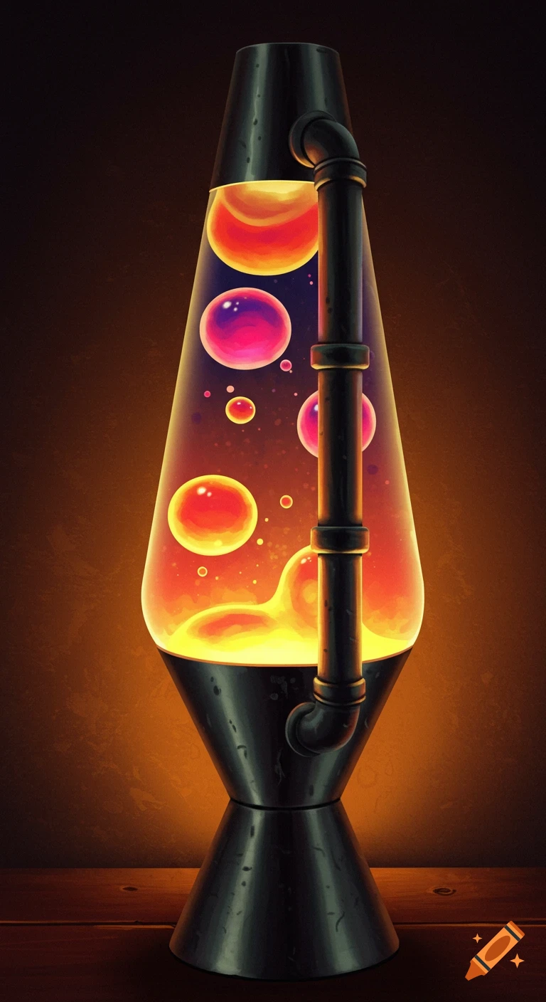 A stylized illustration of a lava lamp with red and purple bubbles ...