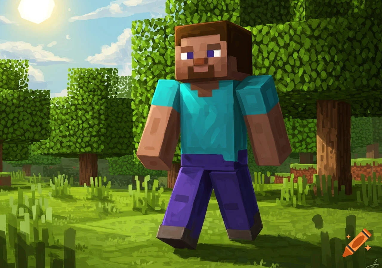 Steve from Minecraft walking through a sunny forest landscape, digital ...