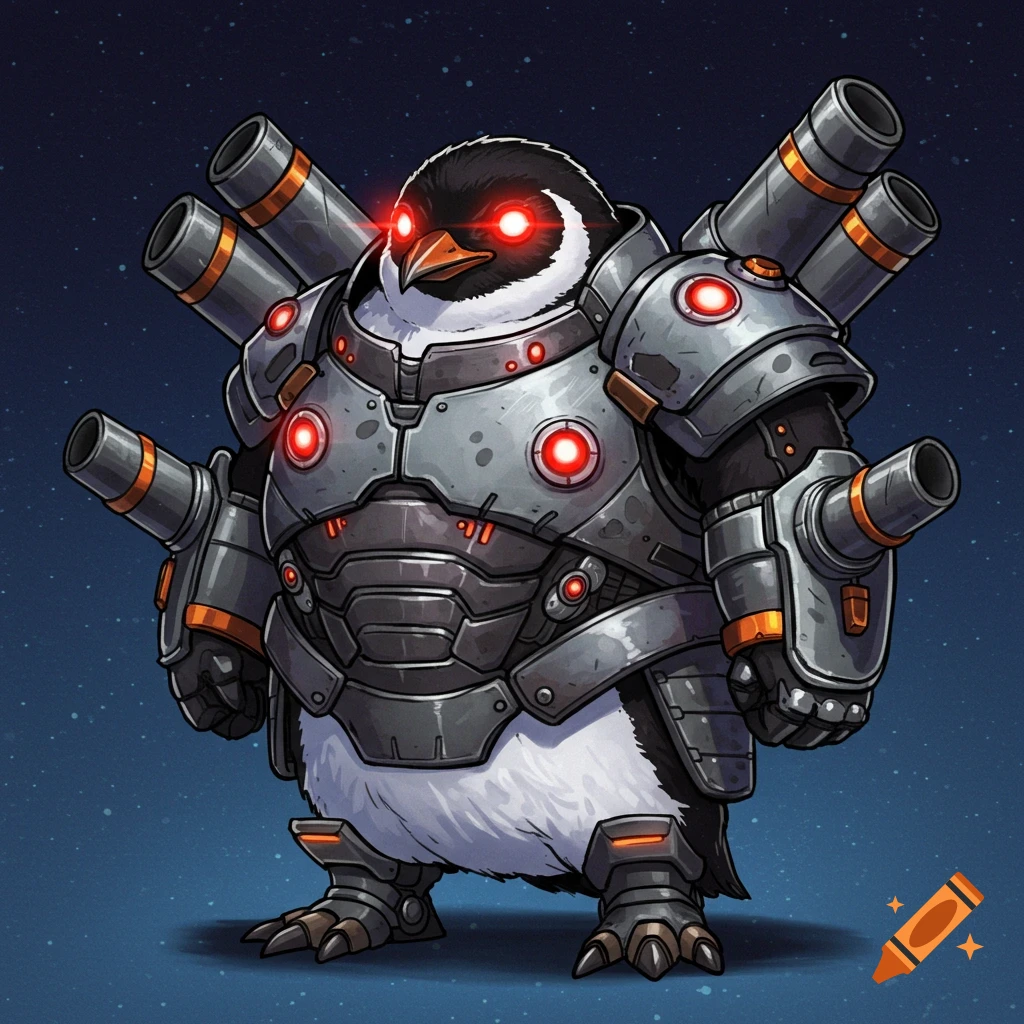 Cartoon penguin in robot armor with bazookas and red eyes against a ...