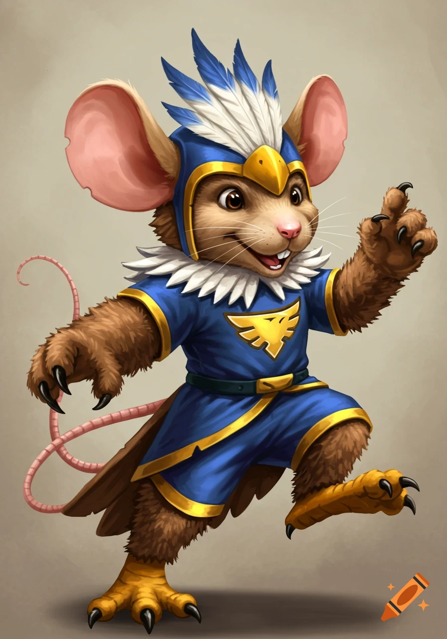 A fantasy mouse character in a blue and gold eagle mascot uniform ...