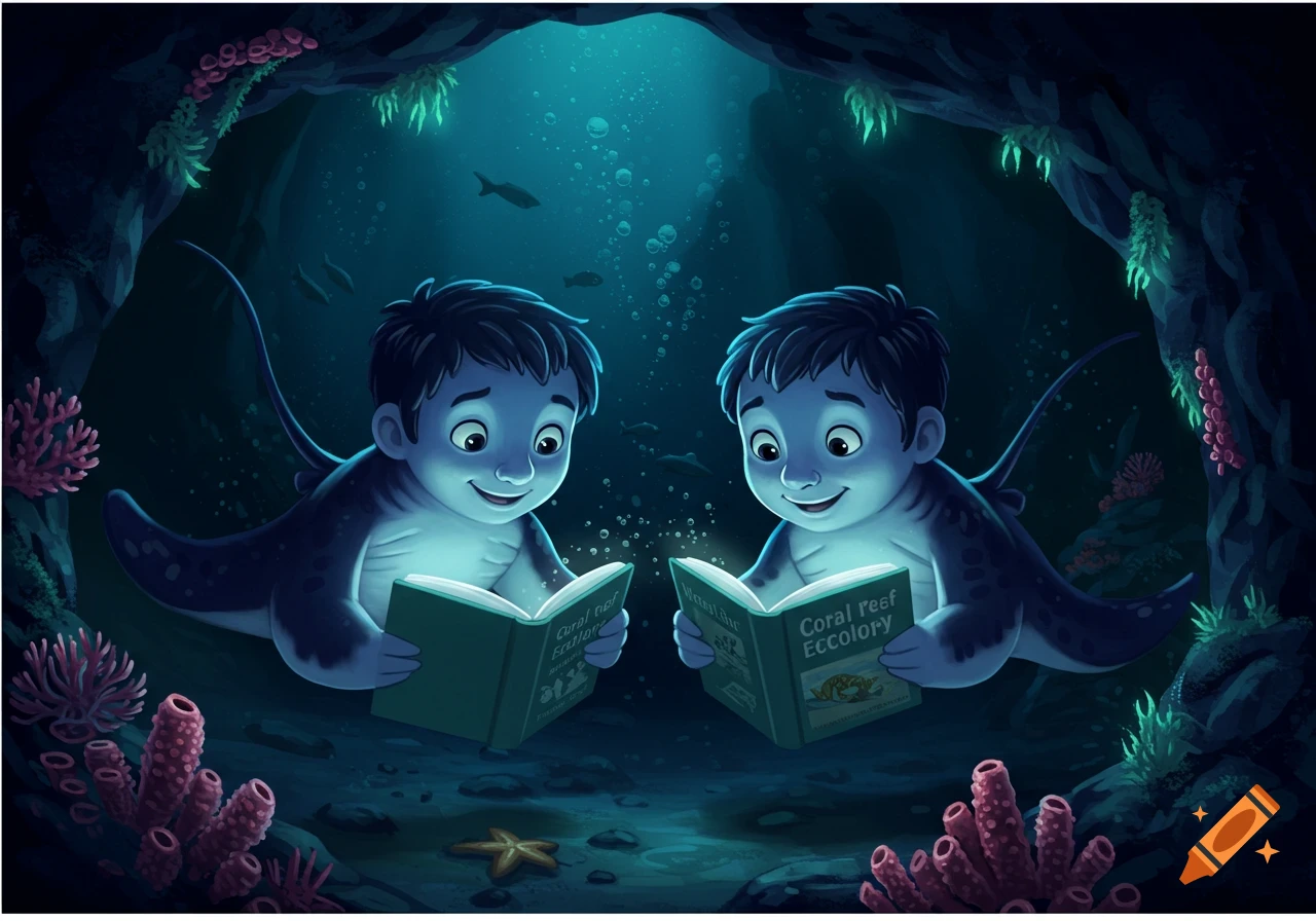 Two cartoon boy-like manta rays read glowing books in a dark underwater ...