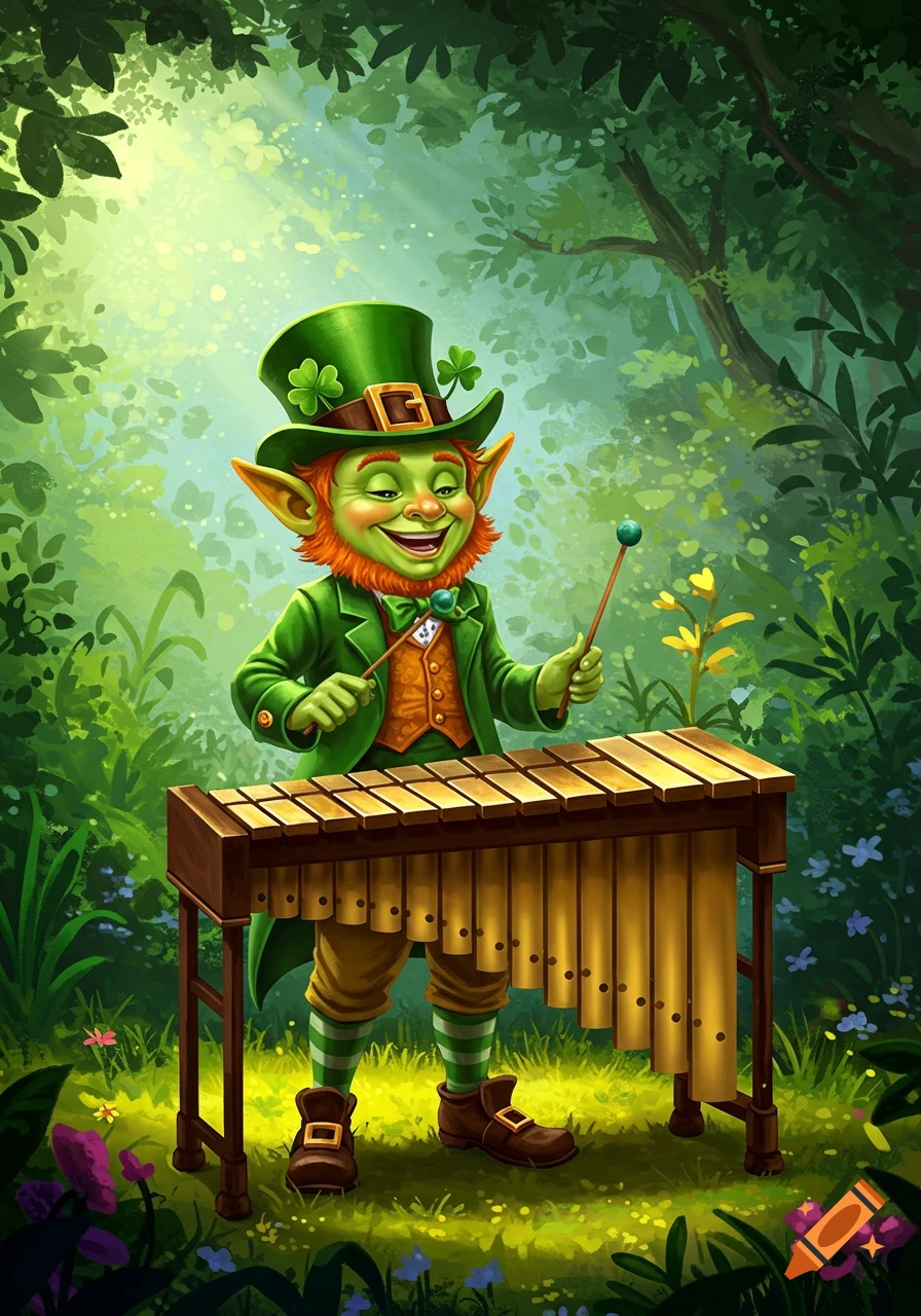 Cartoon leprechaun plays a vibraphone in a sunny forest. on Craiyon
