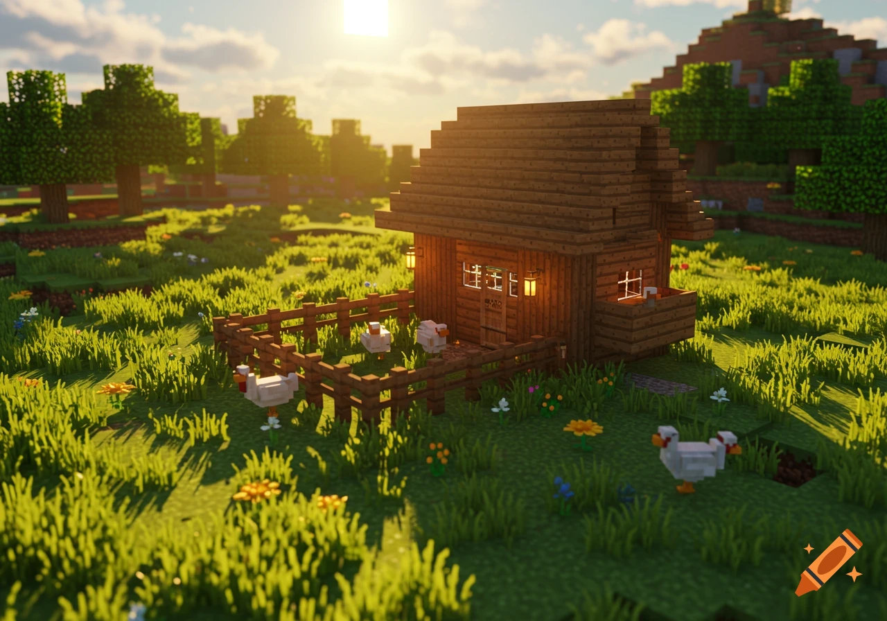 A Minecraft chicken coop with a fence in a grassy field with chickens ...