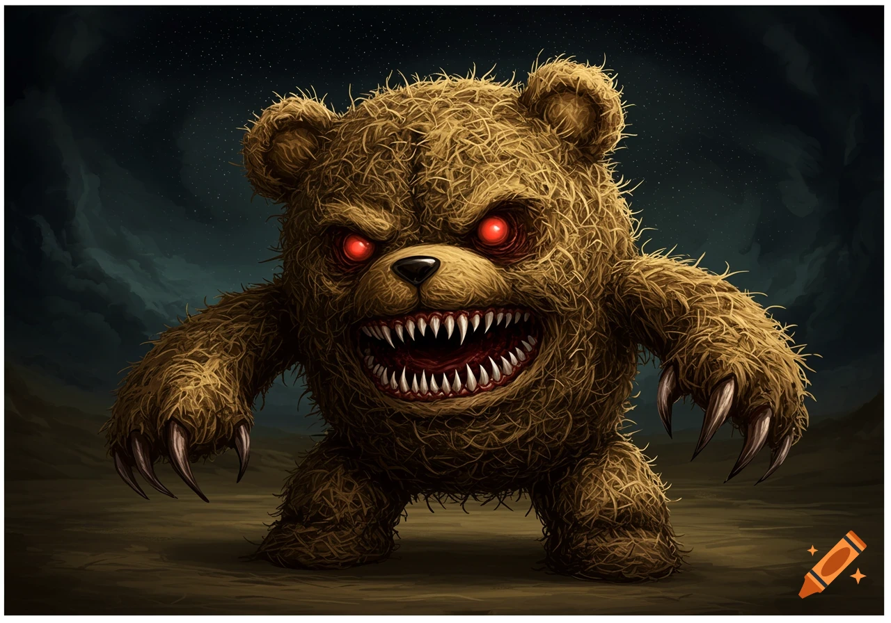 A monstrous teddy bear with sharp teeth, red eyes, and tumbleweed fur ...