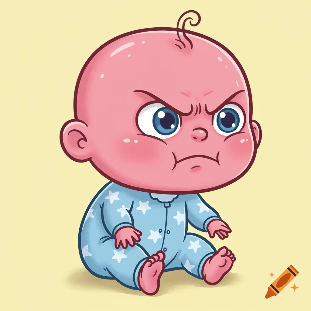 A simple 2D pastel cartoon illustration of an angry baby in blue star ...