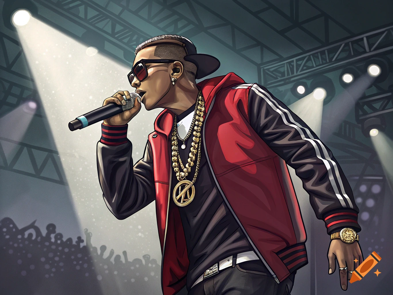 Illustration of a rapper performing on stage with a microphone and gold ...